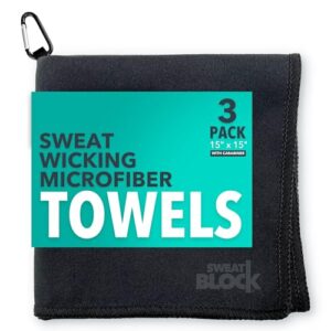 sweatblock microfiber sweat absorbing handkerchief - sport, gym, daily use - for hands, face, body - machine washable, reusable - men & women - 15x15 (3 pack, black)