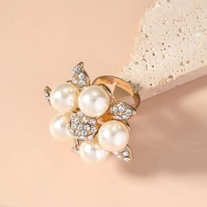 Vintage CZ Flower Pearl Promise Ring for Women Gold Plated Expandable Adjustable Cubic Zirconia Cluster Imitation Pearls Statement Rings Comfort Fit Anniversary Wedding Mother's Day Jewelry