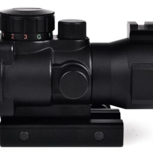 Ozark Armament Flip Up Backup Iron Sight & 4X Magnified Rifle Scope Bundle - Red, Blue, Green Illuminated Reticle for Use in All Light Condition - Mount to Any Picatinny Rail - All Metal Construction