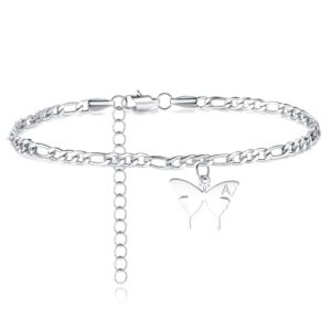 tony & sandy initial anklet silver ankle bracelets for women figaro chain butterfly anklet waterproof summer beach foot jewelry personalized gifts for women presents, a