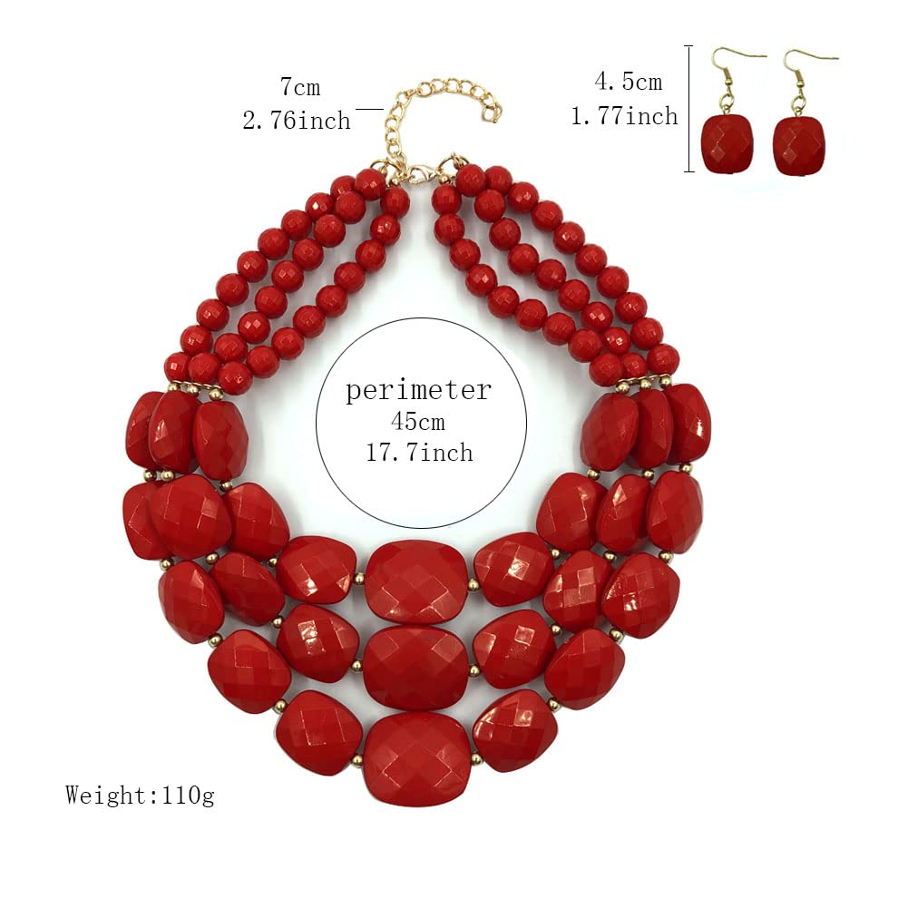 MEQNOIG 3 Layered Beaded Statement Necklaces for Women Handmade Acrylic Red Bead Necklace Boho Chunky Necklace Costume Jewelry (A Red)