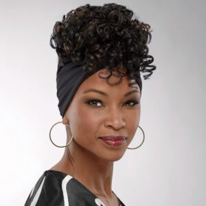 especially yours holland headband wig on-trend updo of bouncy natural curls with wide stretch band/runway shades of black