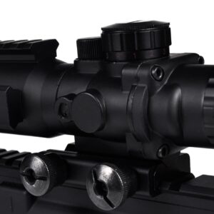 Ozark Armament Flip Up Backup Iron Sight & 4X Magnified Rifle Scope Bundle - Red, Blue, Green Illuminated Reticle for Use in All Light Condition - Mount to Any Picatinny Rail - All Metal Construction