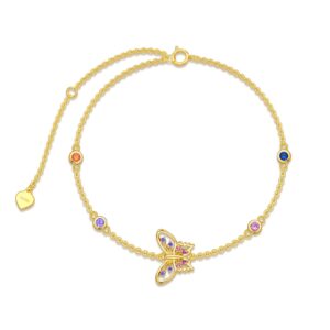 14k gold butterfly bracelets for women adjustable dainty bracelet with colorful cubic zirconia in 6.5"-8.5"