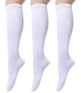 3 pairs womens cotton knee high socks, causal soild stripe tube knee socks, white