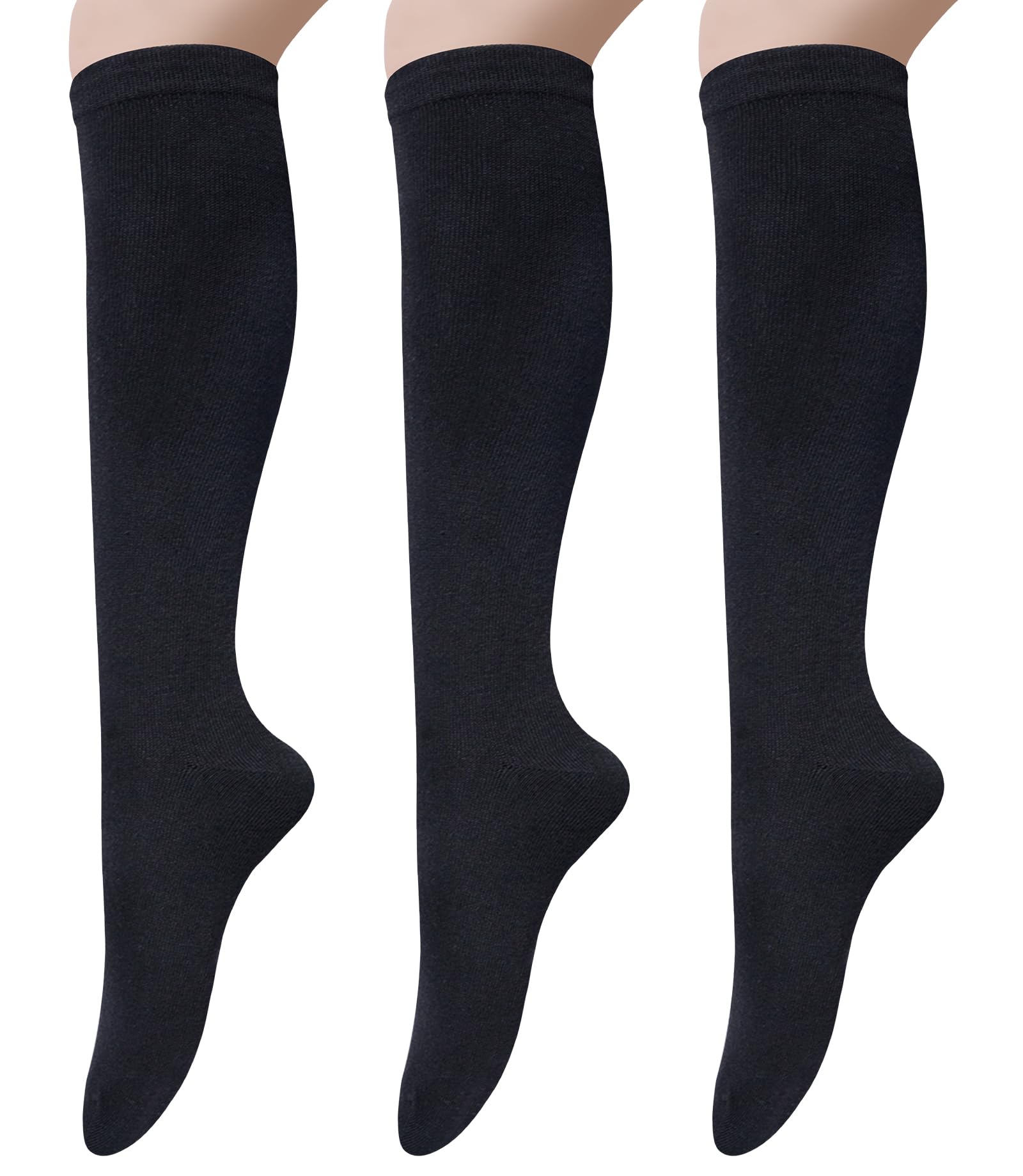 3 Pairs Womens Cotton Knee High Socks, Causal Soild Stripe Tube Knee Socks, Black