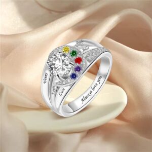 BAUMA AUTO Sterling Silver Personalized Mothers Ring with 1-8 Simulated Birthstones Engraving Family Name Ring for Mother Grandma