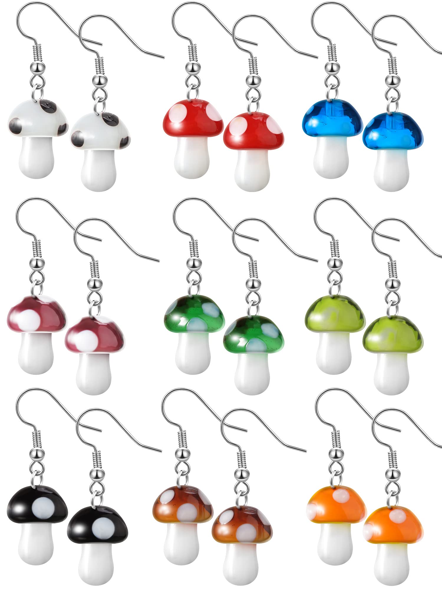 9 Pairs Mushroom Earrings for Women Long Pendant Glass Mushroom Earrings Colorful Steampunk Earrings Creative Funny Earrings Cute Weird Earrings Women's Drop and Dangle Earrings