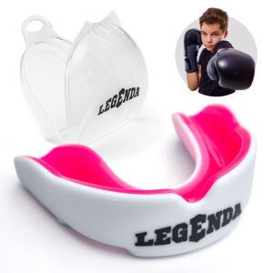 legenda sports mouthguard for kids (w/case), professional mouthguard for boxing, mma, karate, football, bjj, martial arts, rugby, lacrosse, hockey (white/pink)