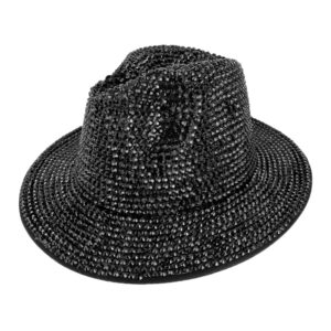 top headwear fashion bling rhinestone studded wide brim womens fedora panama hat - black