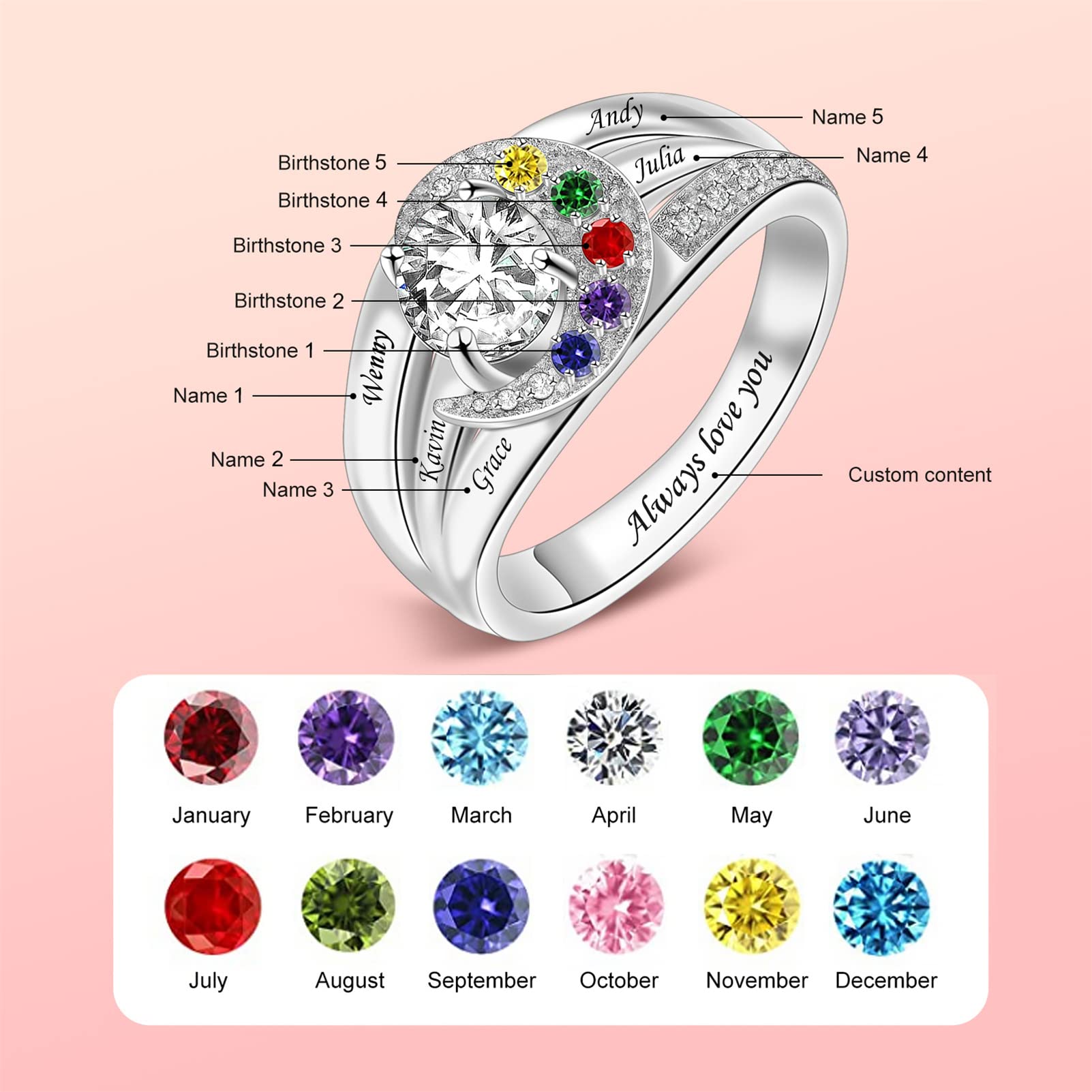 BAUMA AUTO Sterling Silver Personalized Mothers Ring with 1-8 Simulated Birthstones Engraving Family Name Ring for Mother Grandma