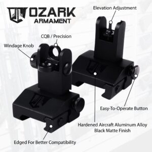 Ozark Armament Flip Up Backup Iron Sight & 4X Magnified Rifle Scope Bundle - Red, Blue, Green Illuminated Reticle for Use in All Light Condition - Mount to Any Picatinny Rail - All Metal Construction