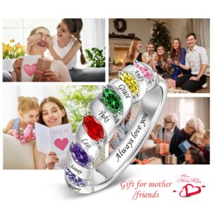 BAUMA AUTO Personalized 1-6 Birthstone Rings Family Mothers Ring Custom Engraved Name Rings for Women Grandma Mom Daughter (6 Stones)