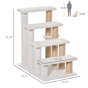 PawHut 4 Levels Cat Steps, Pet Stairs Carpeted Ladder, Kitten Tree Climber with Scratching Posts, Hanging Play Ball, Side Step, for High Bed, Sofa, White