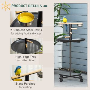 PawHut Bird Play Stand, Portable Parrot Perch, Bird Feeder Station, with Four Wheels, Stainless Steel Feeding Bowls, Round Tray, Grey