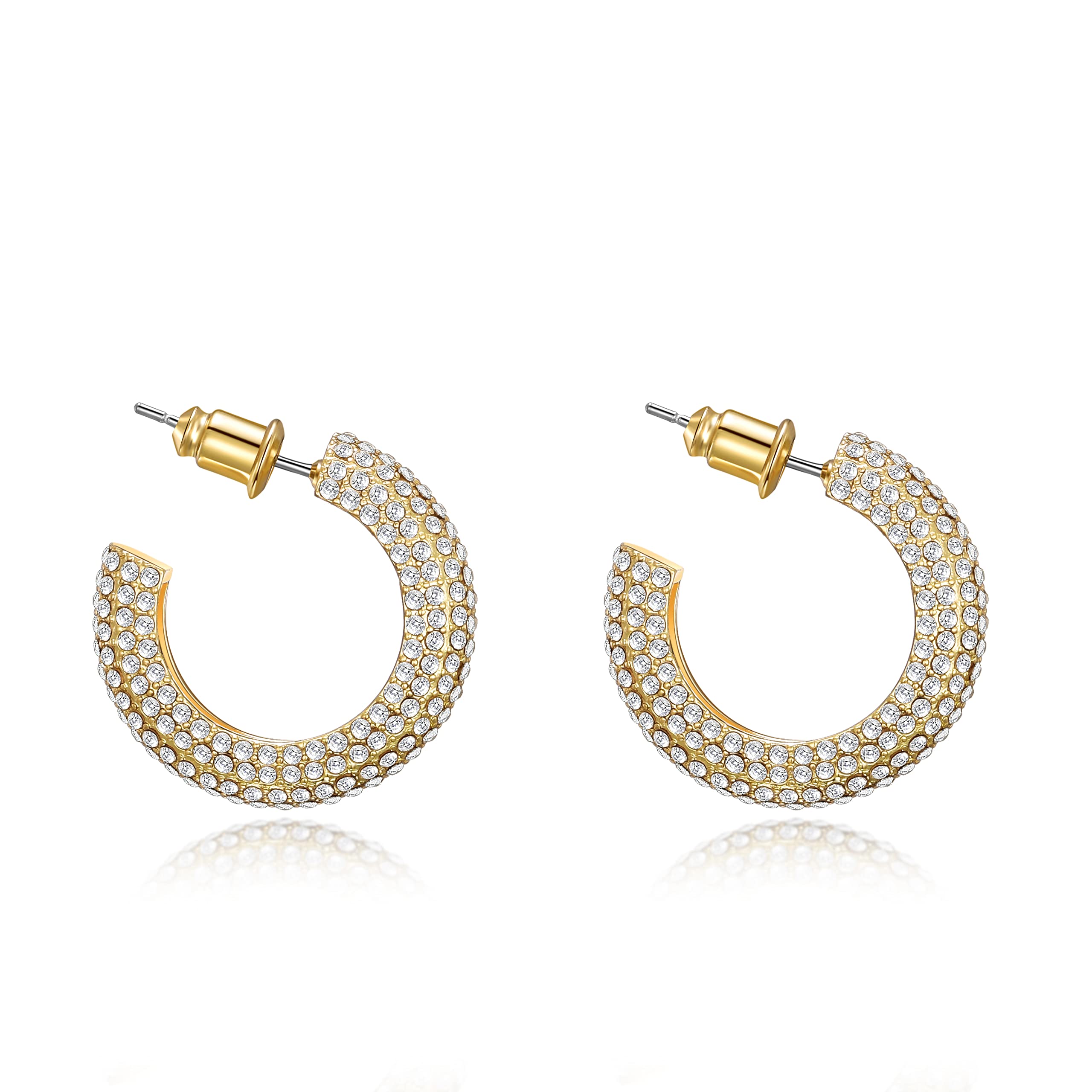 WOWORAMA Gold Open Hoop Earrings for Women Sparkly CZ Chunky Hoop Earrings Shiny Zircon C Shaped Hoop Earrings Crystal Round Hoops Dainty Minimalist Earrings Jewelry