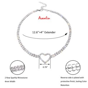 Avanlin Rhinestone Choker Necklace Silver Diamond Heart Necklaces 2 Row Crystal Chain Jewelry for Women Girls