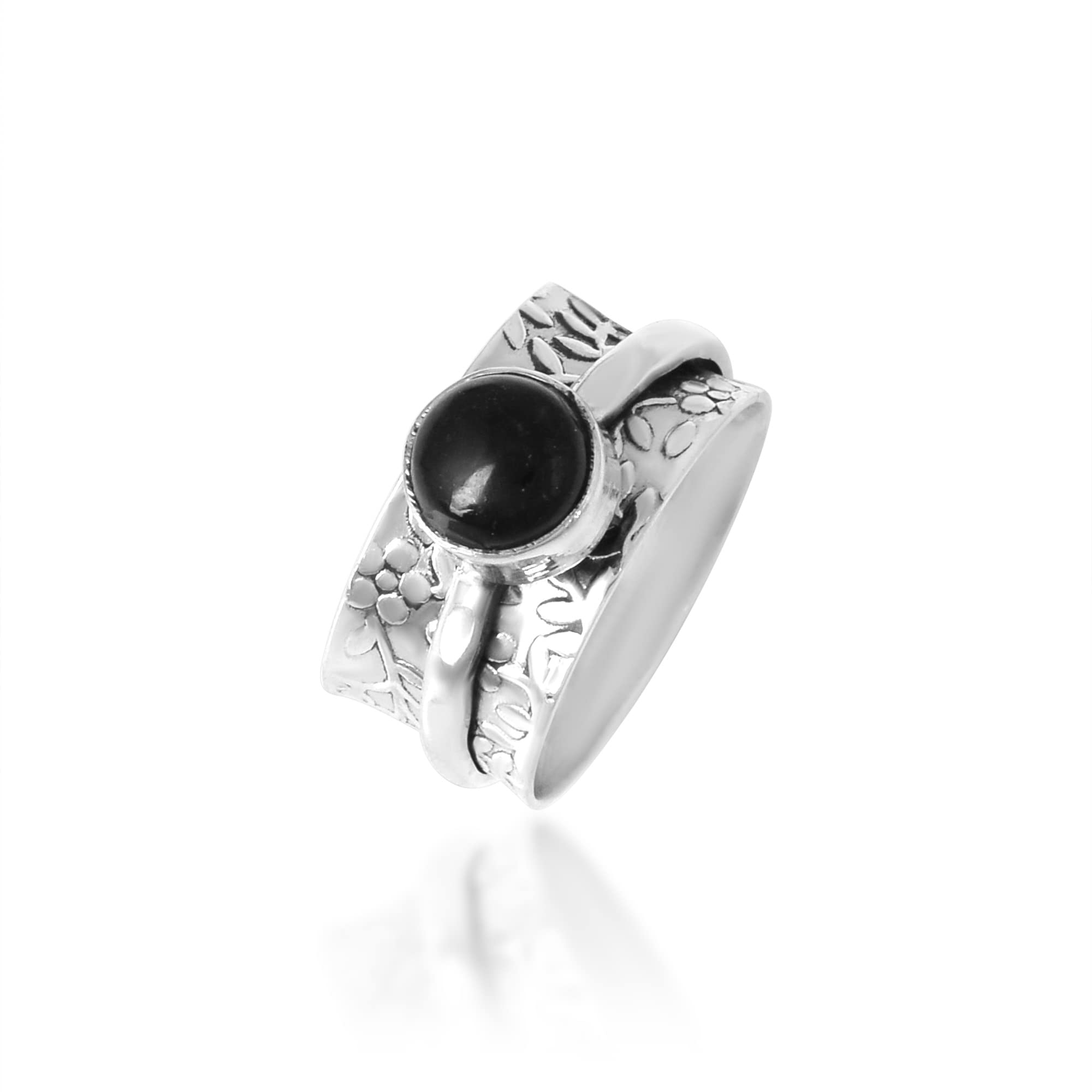 Sechi 925 Sterling Silver Shungite Anxiety Spinner Ring Boho Stress Relieving Band Jewelry for Women & Girls