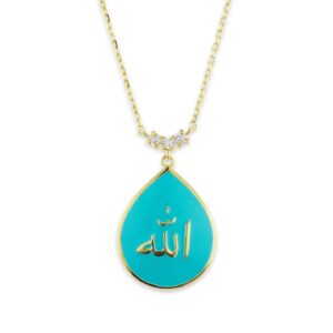 iti nyc genuine sterling silver (925) allah pendant with light blue enamel (25 x 16 mm) (18k yellow gold finish over sterling silver)