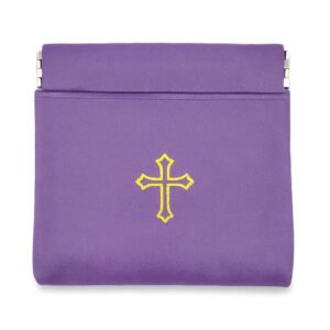 squeeze top rosary pouch violet vinyl with gold cross imprint