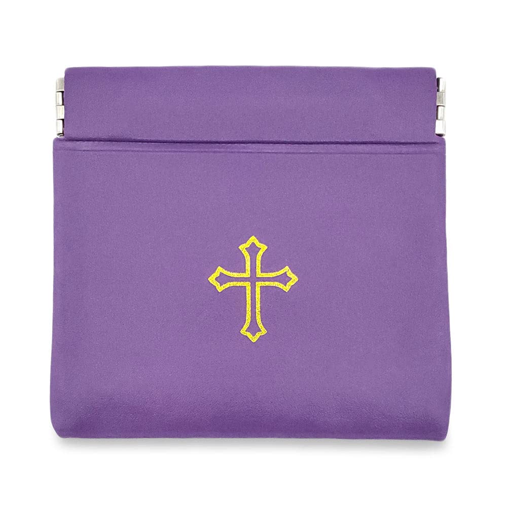 Squeeze Top Rosary Pouch Violet Vinyl with Gold Cross Imprint