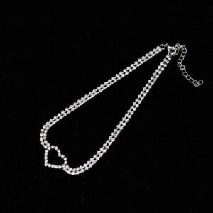 Avanlin Rhinestone Choker Necklace Silver Diamond Heart Necklaces 2 Row Crystal Chain Jewelry for Women Girls