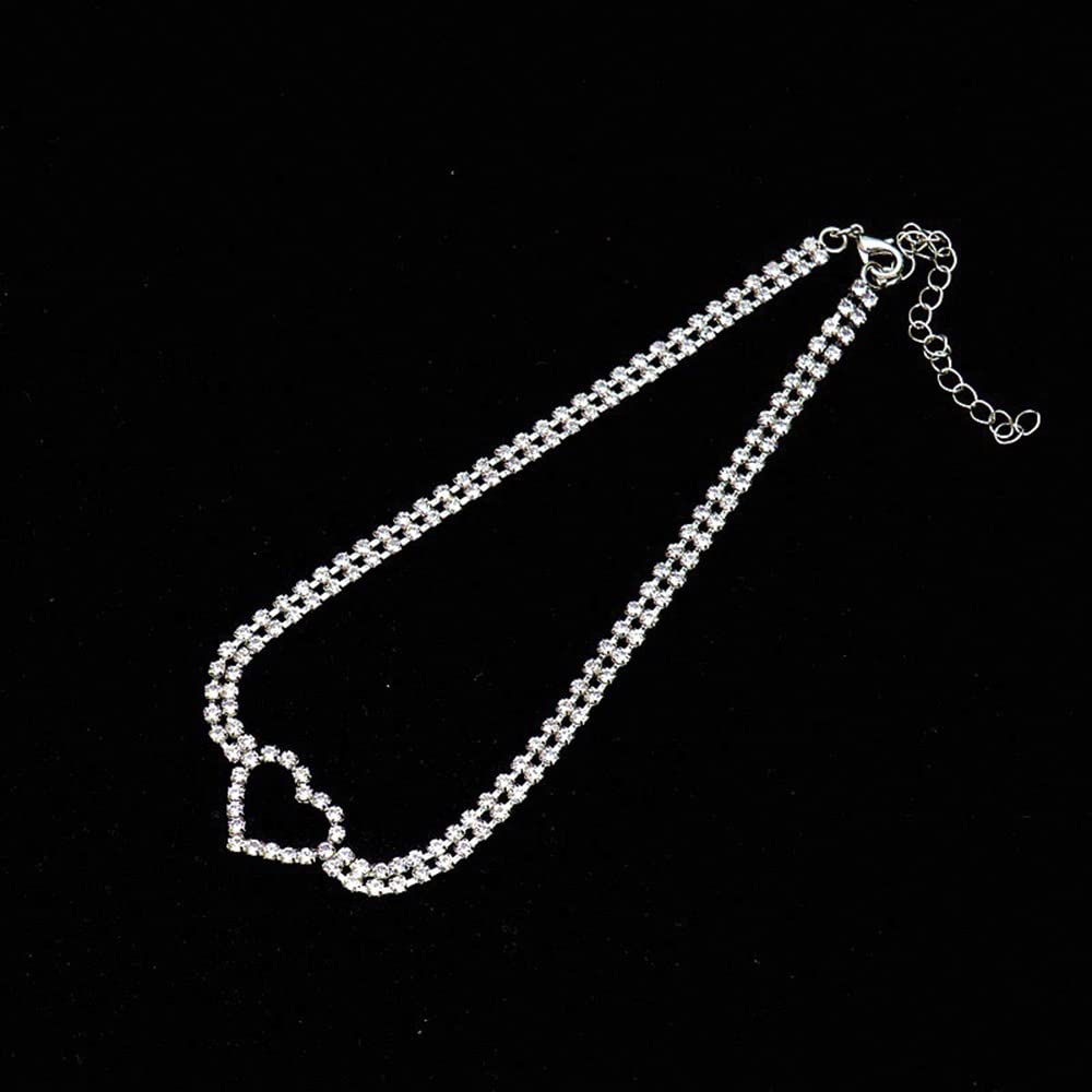 Avanlin Rhinestone Choker Necklace Silver Diamond Heart Necklaces 2 Row Crystal Chain Jewelry for Women Girls