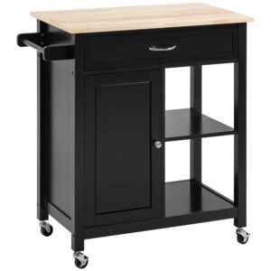 homcom kitchen island cart, rolling kitchen island with storage shelf, solid wood top, drawer, for dining room, black