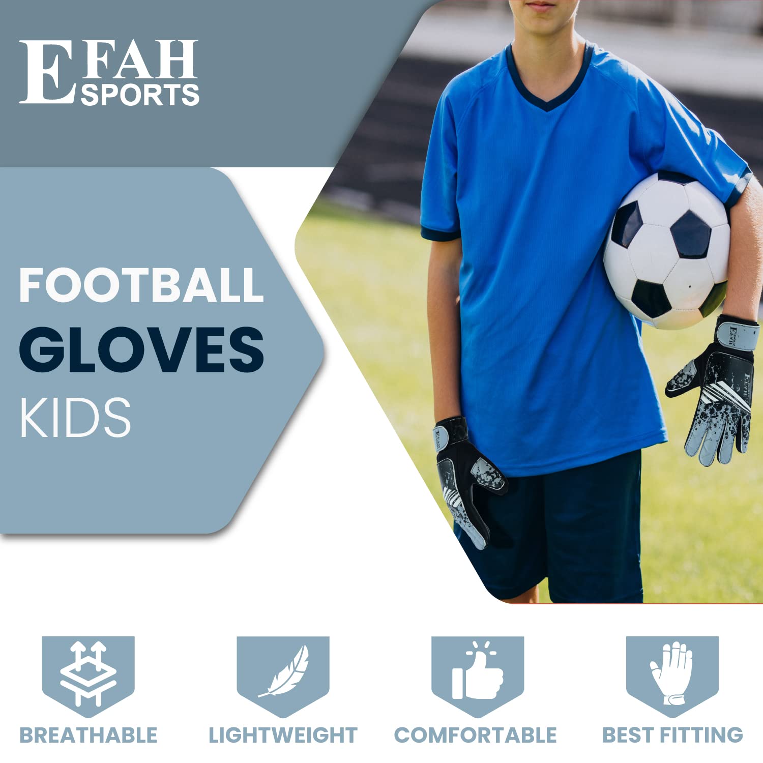 EFAH SPORTS Soccer Goalkeeper Gloves for Kids Boys Children Youth Football Goalie Gloves with Super Grip Protection Palms (Size 5 Suitable for 9 to 12 Years Old, Black Grey)