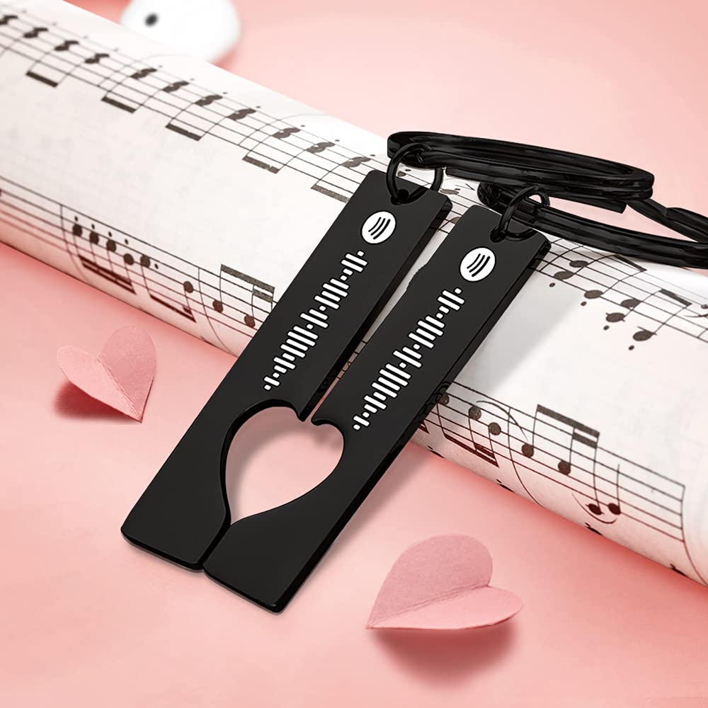 Personalized Music Spotify Code Keychain Custom Engraved Song Stainless Steel Heart Couples Keychain Gifts Black