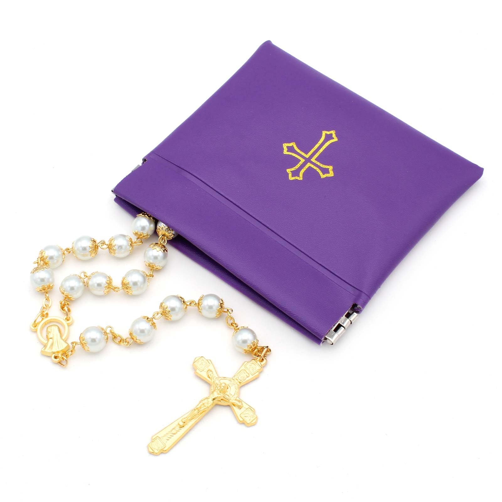 Squeeze Top Rosary Pouch Violet Vinyl with Gold Cross Imprint