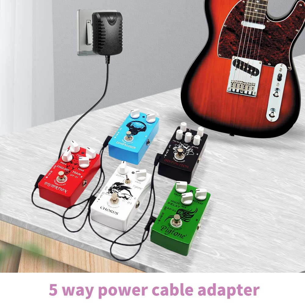 Pedal Power Supply Adapter 9V DC 1A 1000ma Tip Negative 5 Way Daisy Chain Cables for Guitar Effect Pedals