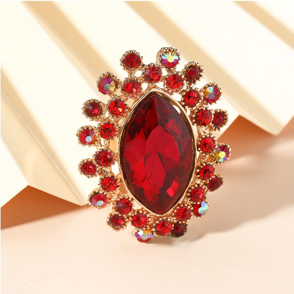 通用 Luxury Red Crystal Rhinestone Rings for Women Girl Big Adjustable Open Flower Rings Bridal Wedding Adjustable Statement Rings Female Cocktail Party Jewelry Valentine's Day Gift