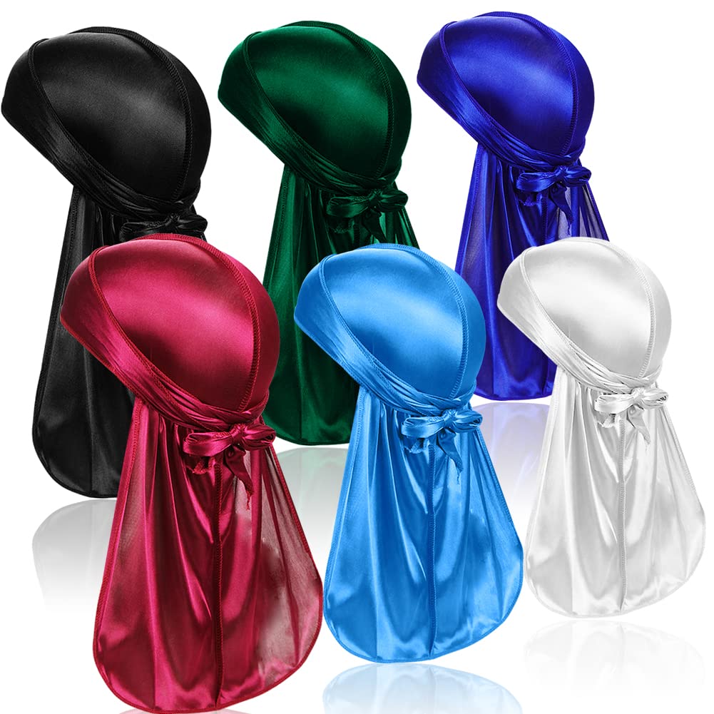 ASKNOTO 6 Pcs Silky Durag Headwraps Dorag for Men Women Waves, Durags Pack with Long Tail and Wide Straps, 6 Colors