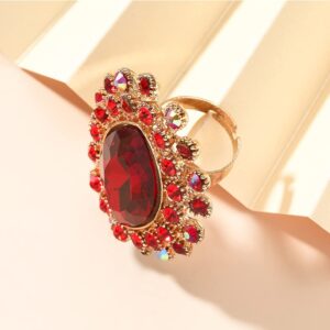 通用 Luxury Red Crystal Rhinestone Rings for Women Girl Big Adjustable Open Flower Rings Bridal Wedding Adjustable Statement Rings Female Cocktail Party Jewelry Valentine's Day Gift