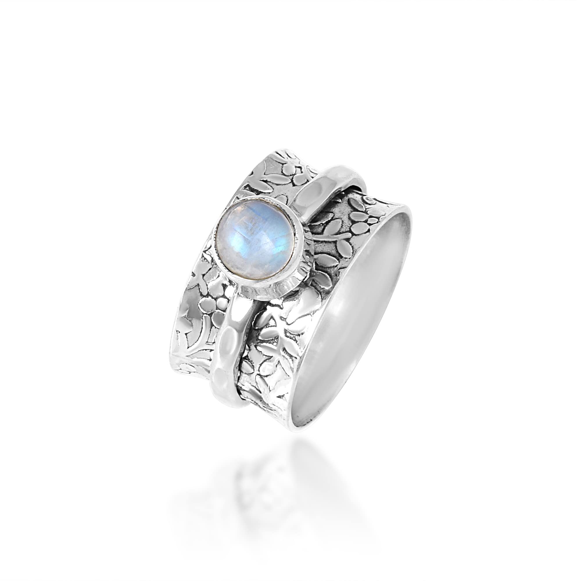 Sechi 925 Sterling Silver Rainbow Moonstone Floral Engraved Boho Handmade Oxidized Spinner Band Ring Stylish Jewelry for Women Meditation Stress Relieving Gifts