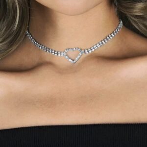 avanlin rhinestone choker necklace silver diamond heart necklaces 2 row crystal chain jewelry for women girls