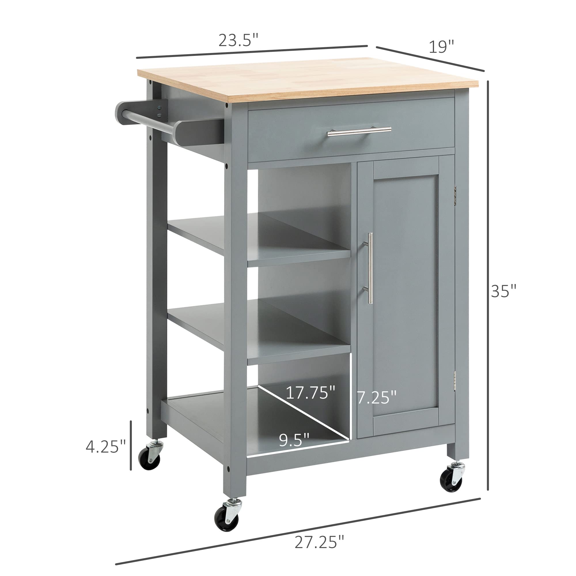 HOMCOM Compact Kitchen Island Cart on Wheels, Rolling Utility Trolley Cart with Storage Shelf & Drawer for Dining Room, Gray