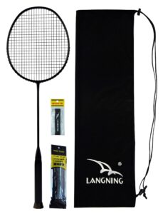 langning ultralight badminton racket set, 9u 62gram tension full carbon fiber black badminton racquet(air9u plus) (62)