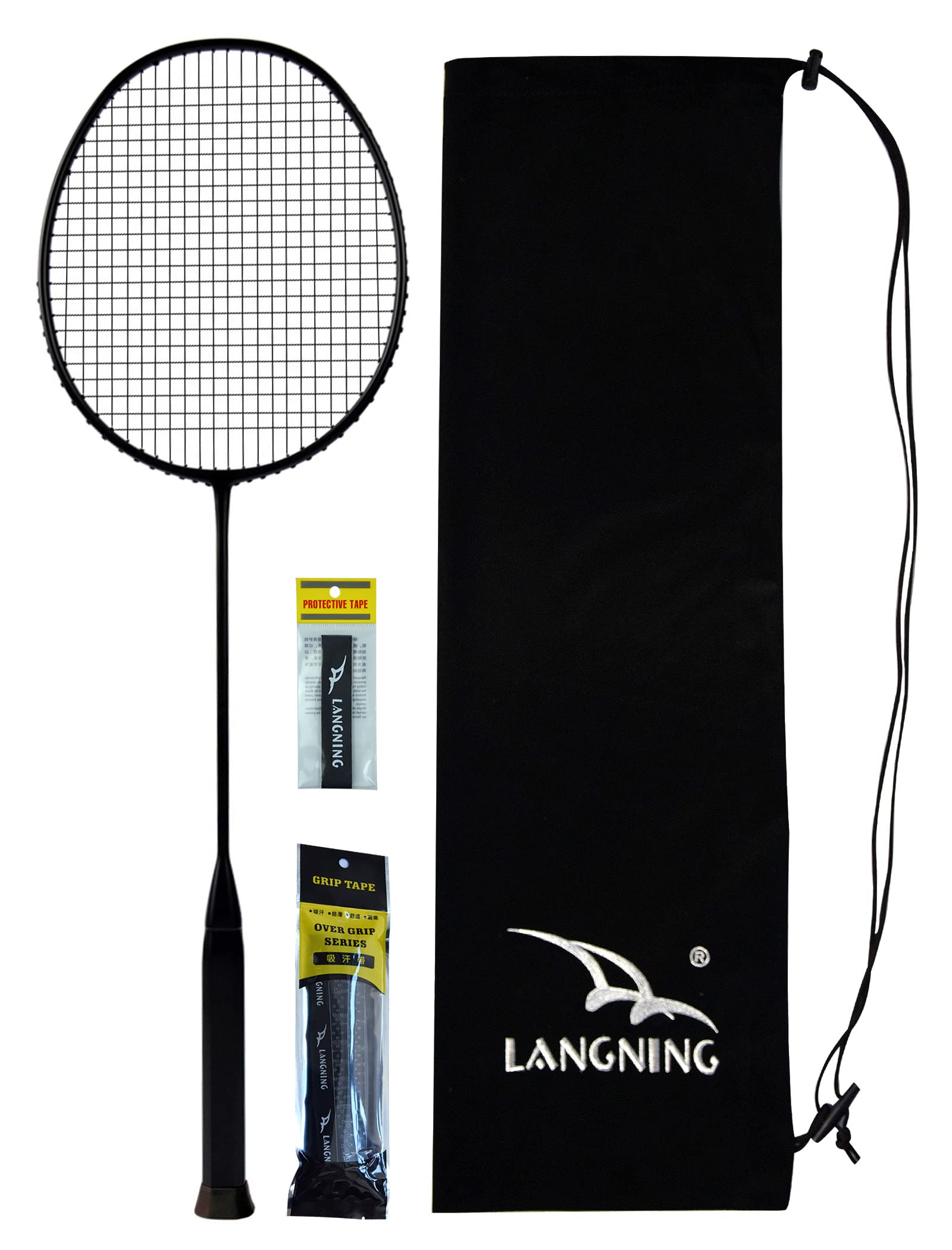 LANGNING Ultralight Badminton Racket Set, 9U 62gram Tension Full Carbon Fiber Black Badminton Racquet(Air9U Plus) (62)