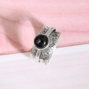 Sechi 925 Sterling Silver Shungite Anxiety Spinner Ring Boho Stress Relieving Band Jewelry for Women & Girls