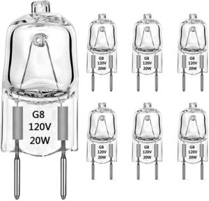 g8 halogen light bulbs 20watt 120volt halogen bulbs dimmable 2 pin xenon bulb warm white 2700k t4 jcd type g8 base bi-pin shorter 1-3/8" (1.38") length under cabinet puck lighting replacements, 6pack