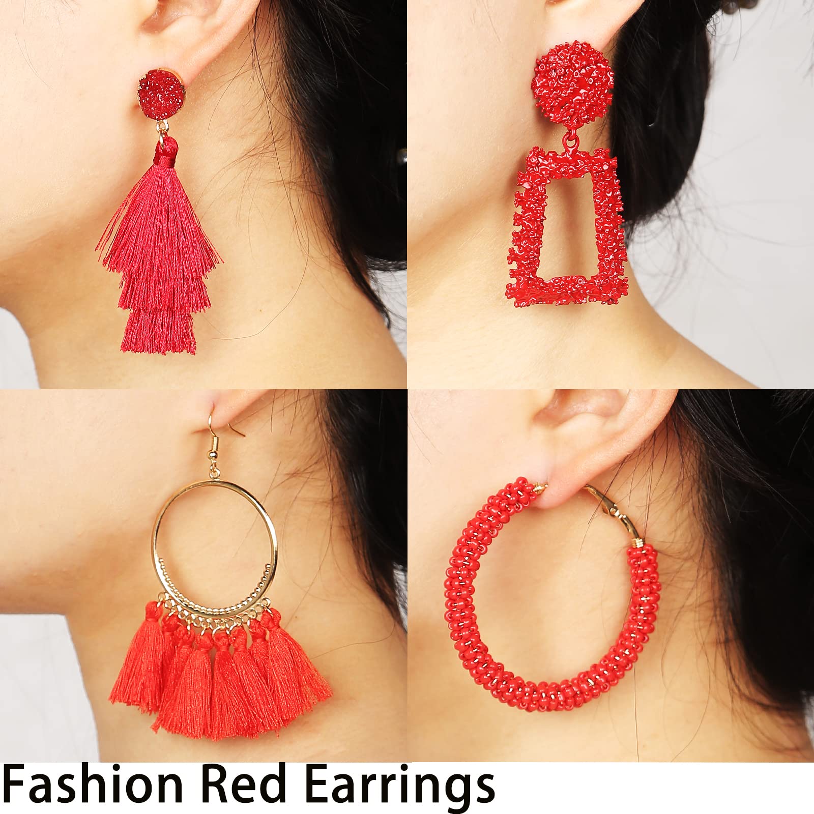 PRENDI 4 Pairs Red Earrings for Women Layered Tassel Earrings Bohemian Hoop Tassel Earrings Red Beaded Hoop Earrings (Red)