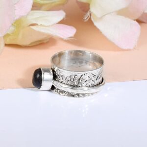 Sechi 925 Sterling Silver Shungite Anxiety Spinner Ring Boho Stress Relieving Band Jewelry for Women & Girls