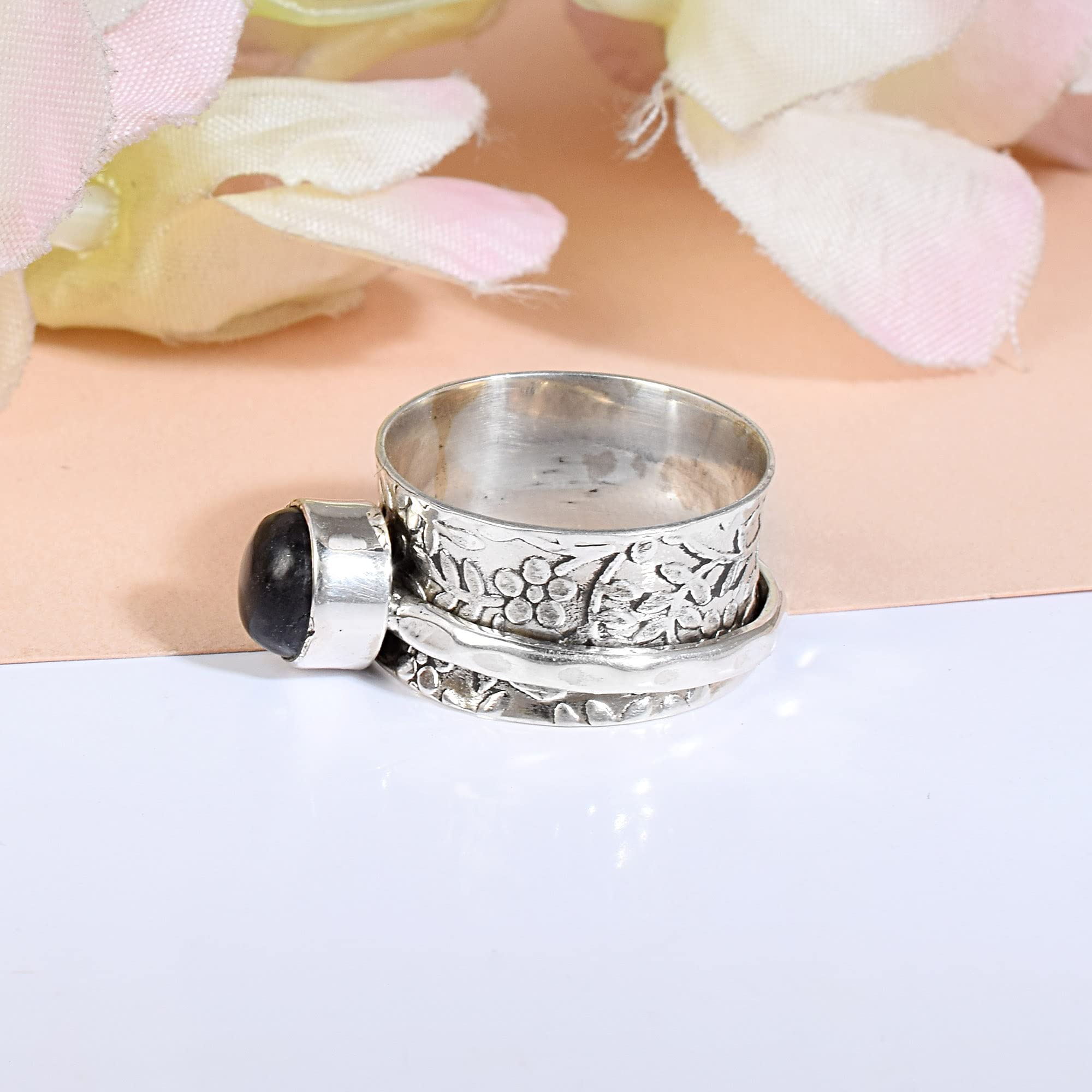 Sechi 925 Sterling Silver Shungite Anxiety Spinner Ring Boho Stress Relieving Band Jewelry for Women & Girls