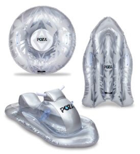 poza inflatable silver snow tubes collection - silver snow sled tube, snowmobile, boogie sled with handles and snowflake confetti, cold resistant heavy duty pvc tube sled for adults and kids - 3 piece