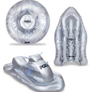 POZA Inflatable Silver Snow Tubes Collection - Silver Snow Sled Tube, Snowmobile, Boogie Sled with Handles and Snowflake Confetti, Cold Resistant Heavy Duty PVC Tube Sled for Adults and Kids - 3 Piece