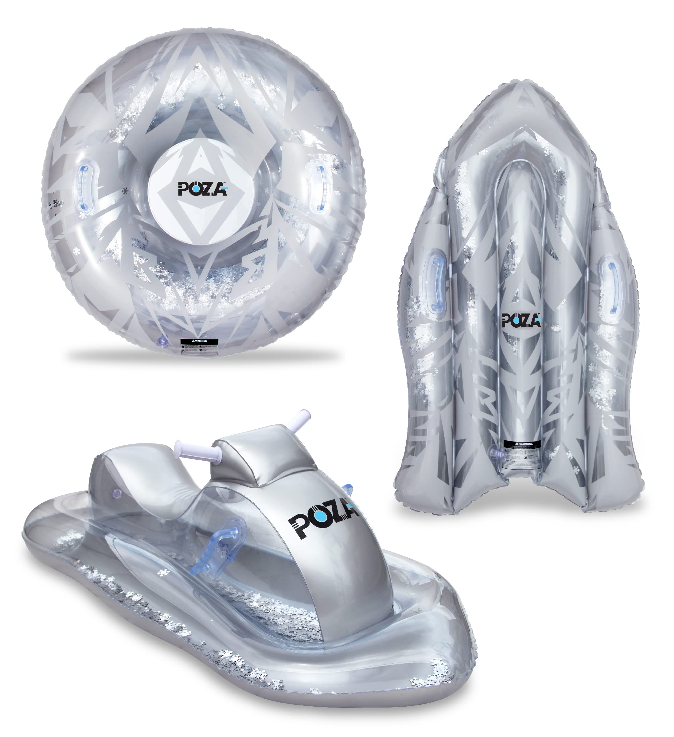 POZA Inflatable Silver Snow Tubes Collection - Silver Snow Sled Tube, Snowmobile, Boogie Sled with Handles and Snowflake Confetti, Cold Resistant Heavy Duty PVC Tube Sled for Adults and Kids - 3 Piece