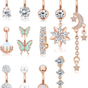 JOERICA 12 Pcs 14G Belly Button Rings Dangle Belly Rings for Women 316L Stainless Steel Butterfly Skull Hand with Opal Clear CZ Navel Rings Belly Body Piercing Jewelry