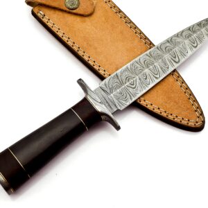 Nooraki DK-347 Handmade Damascus Steel Fixed Blade Dagger Knife with Leather Sheath, Multipurpose Knife with Coloured Bone and Rosewood Handle for Hunting, Hiking, Camping, Survival, 11 length